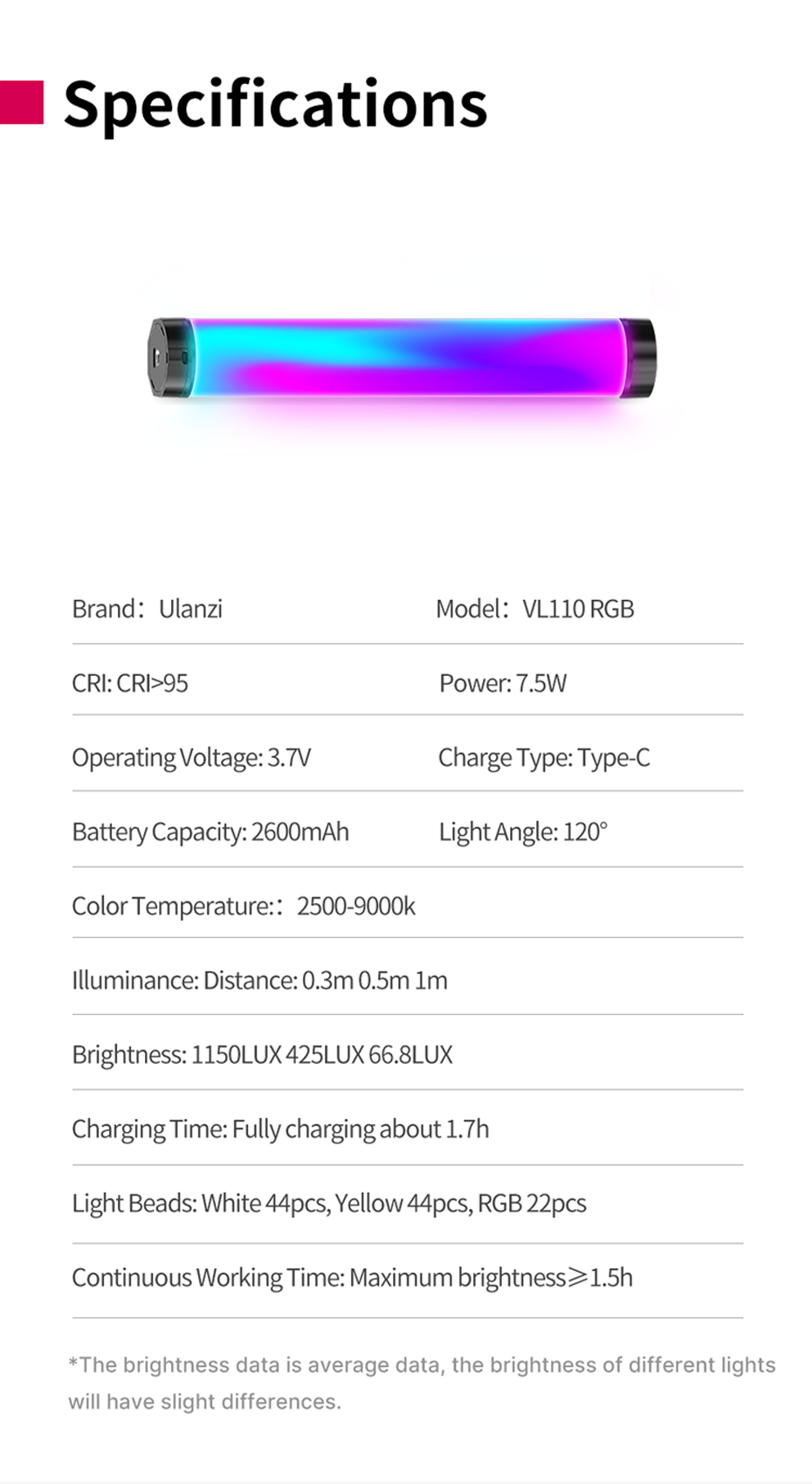 Ulanzi VL110 Magnetic RGB Tube Light 24CM Handheld Light Wand Portable LED Video Light RGB Full ...