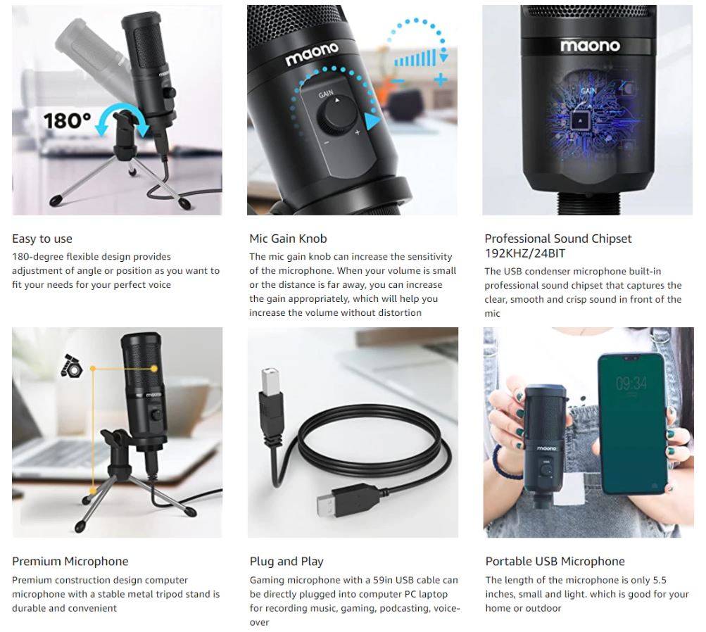 Maono AU-PM461 USB Gaming Microphone Condenser Podcasting Mic ...