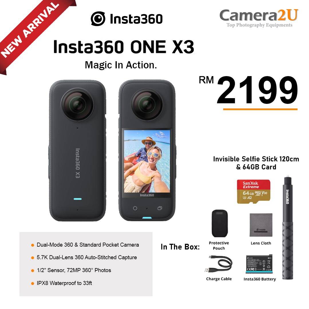 Insta360 ONE X3 5.7K Video 72MP 360° Pocket Camera Action Cam (Official ...
