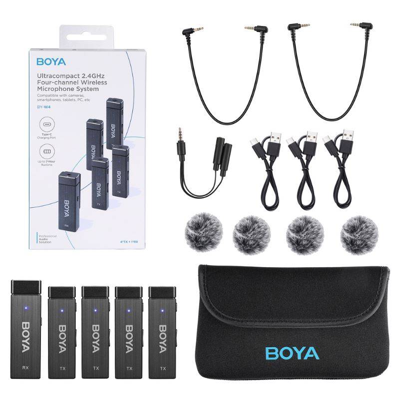 Boya BY-W4 Ultracompact 2.4GHz Four-Channel Wireless Clip-On Microphone System for Cameras ...