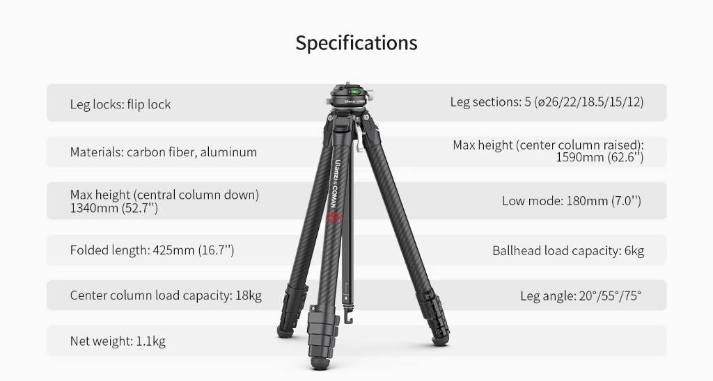 Ulanzi Zero F38 Lightweight Travel Tripod Full Carbon Fiber ...