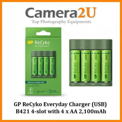 GP ReCyko Everyday Charger (USB) B421 4-slot NiMH with 4 x AA 2,100mAh NiMH Batteries | Camera2u ...