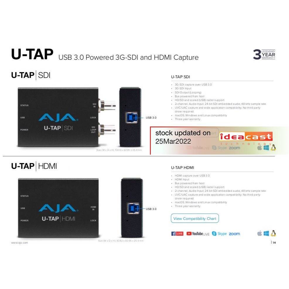 AJA U-TAP-SDI / U-TAP-HDMI USB 3.0 Powered Capture Appliance | Camera2u ...
