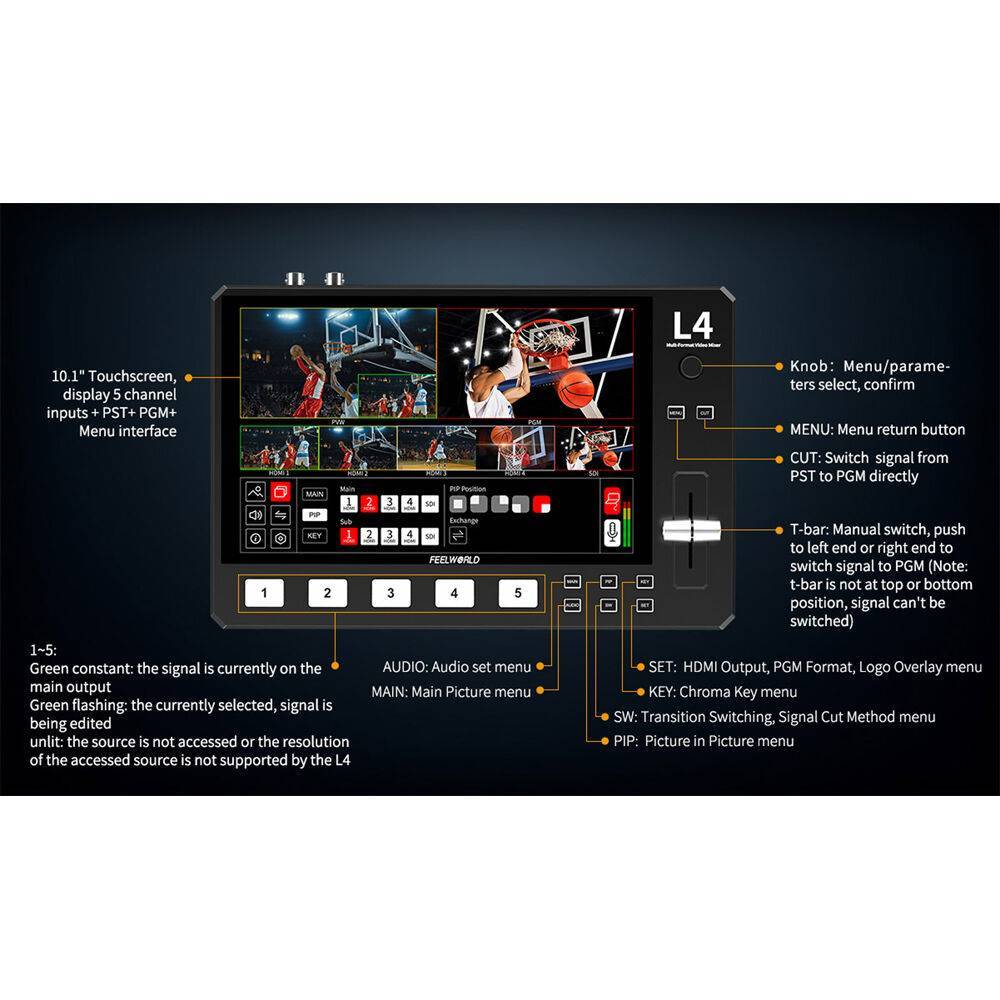 FeelWorld L4 Multi-Camera Video Mixer Switcher 10.1 Inch Touch Screen ...