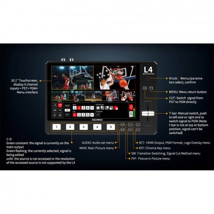 FeelWorld L4 Multi-Camera Video Mixer Switcher 10.1 Inch Touch Screen ...